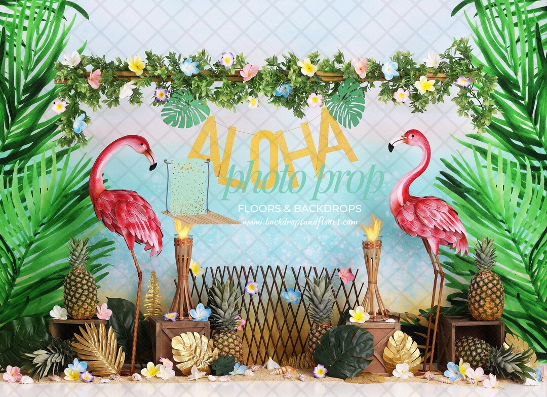 Aloha Flamingo Luau Photography Backdrop - Tiki Torches, Flowers ...