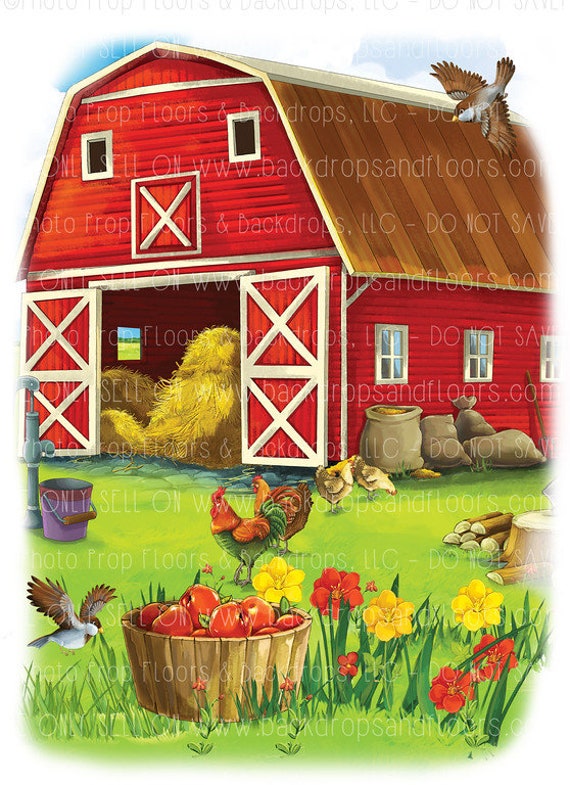 Red Barn with Farm Animals Photography Backdrop Sunshine | Etsy