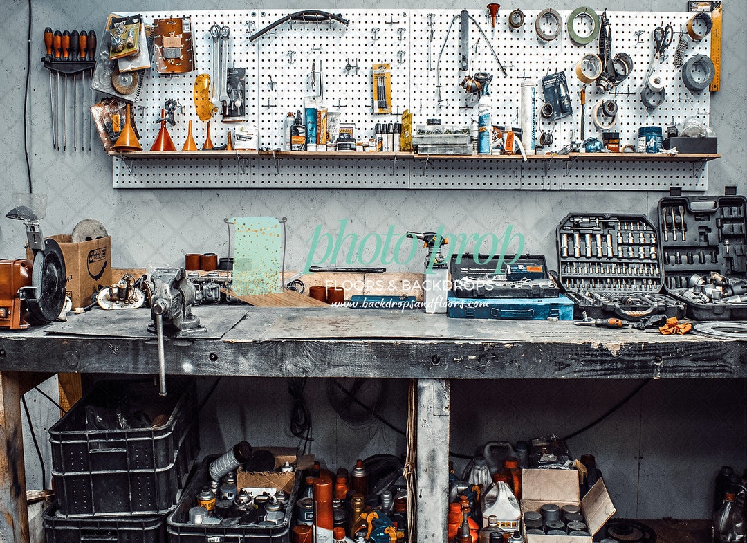 Garage Photography Backdrop - Work Bench, Tools, Vintage, Grease, Gas ...