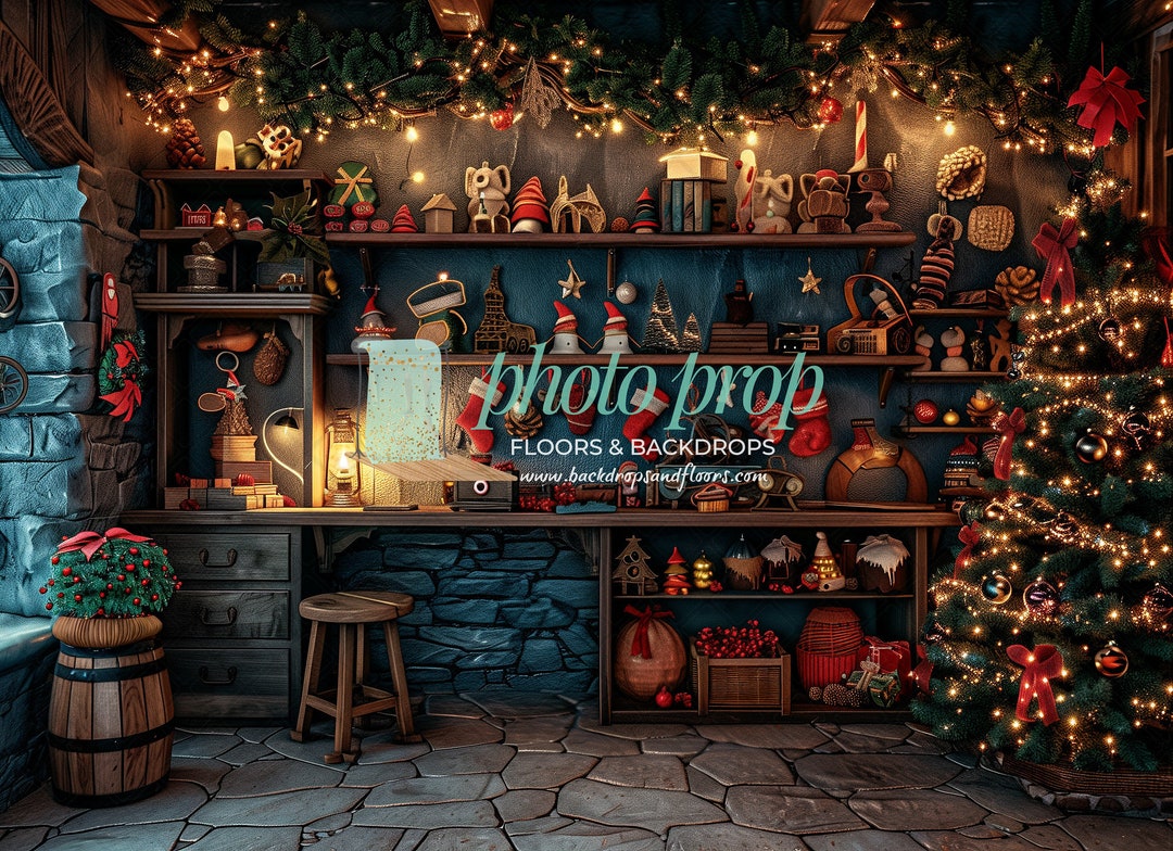 Santa's Workshop Photography Backdrop - Workbench, Elves, Sleigh ...