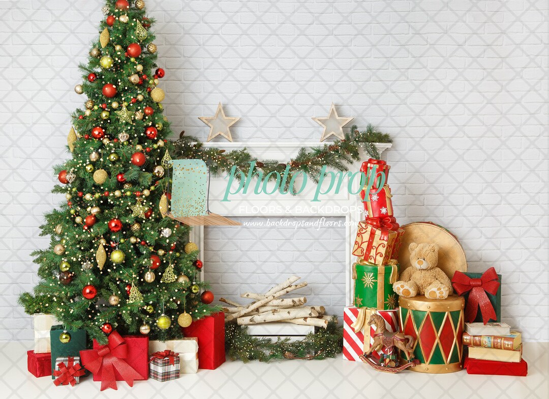 Farmhouse Christmas Photography Backdrop - Tree, Fireplace, Holiday ...