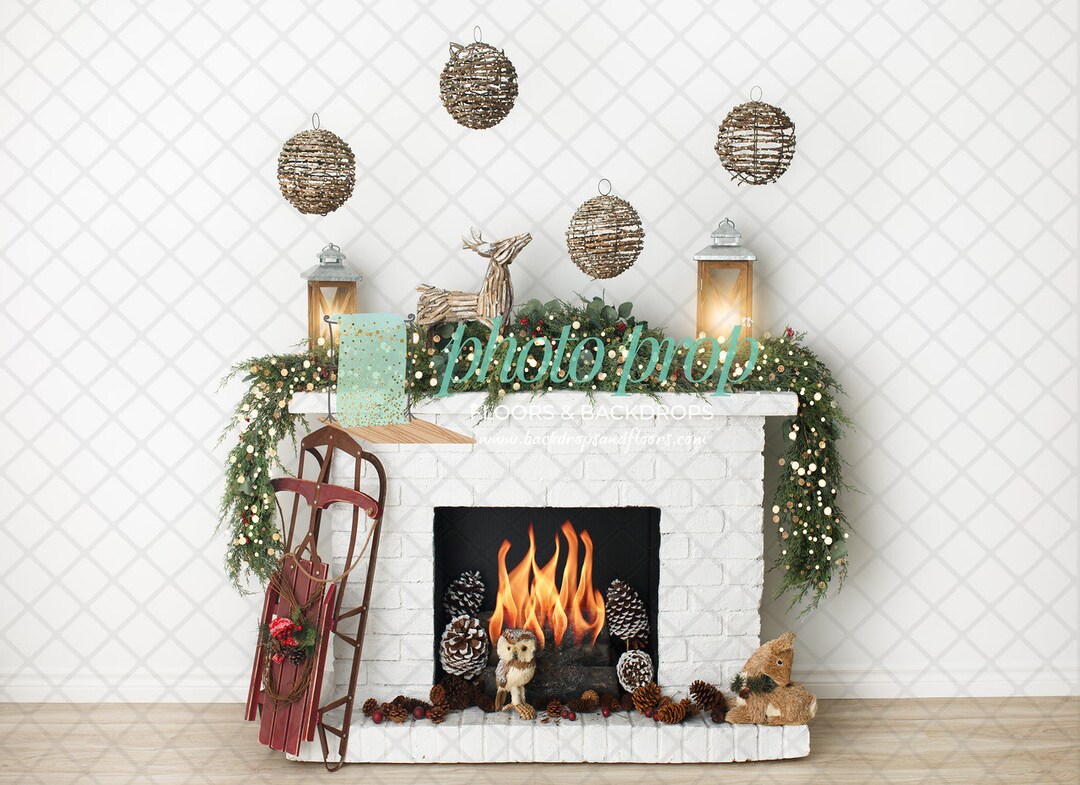 Farmhouse Christmas Photography Backdrop Sled, Fireplace, Holiday ...