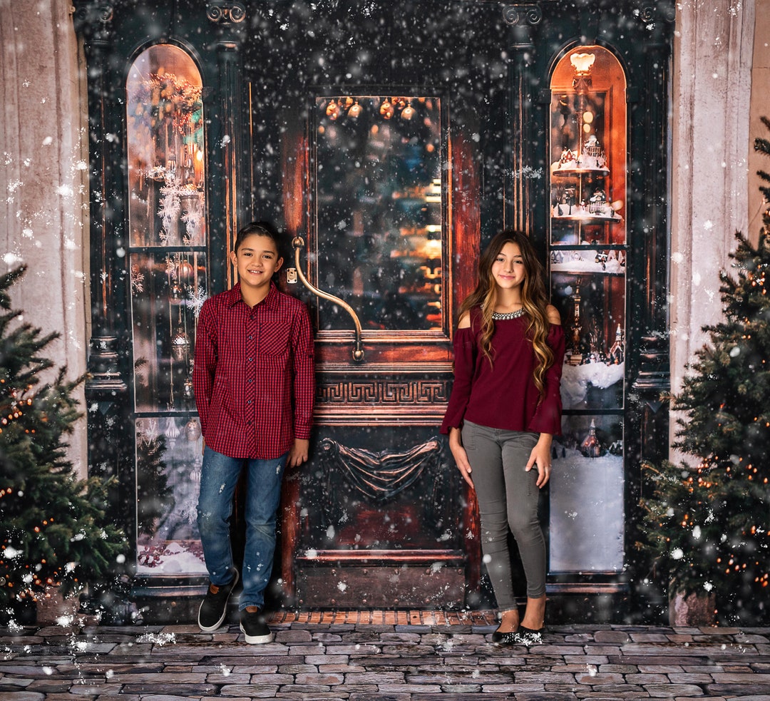 Christmas Snowy Street Storefronts Photography Backdrop Santa's ...