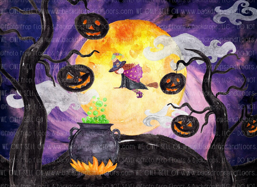 Witch on Broom Halloween Photography Backdrop Cauldron - Etsy