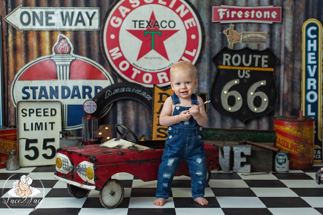 Vintage Garage Photography Backdrop - Street Signs, Oil, Gas Station ...