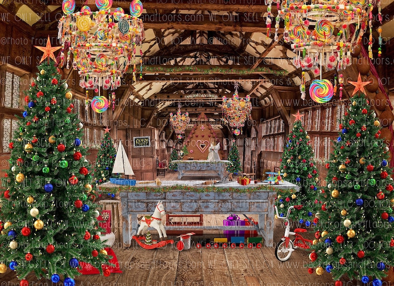 Christmas Toy Shop Photography Backdrop - Santa's Workshop, Upside Down ...