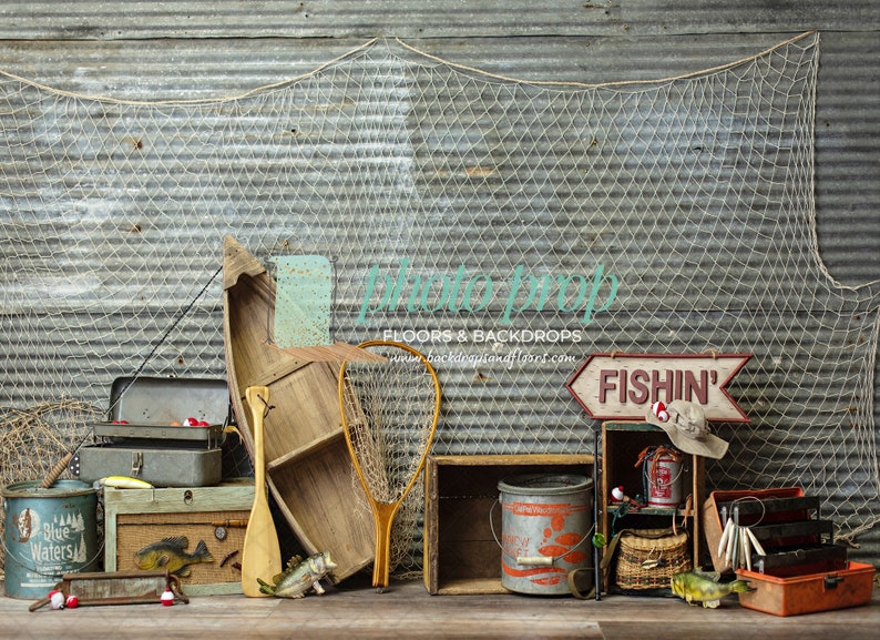 Gone Fishing Photography Backdrop - Buoy, Bait, Tackle Box, Net ...