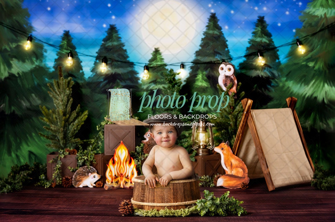 Night Camping DIGITAL BACKDROP - Woodland Animals, Trees, Adventure ...