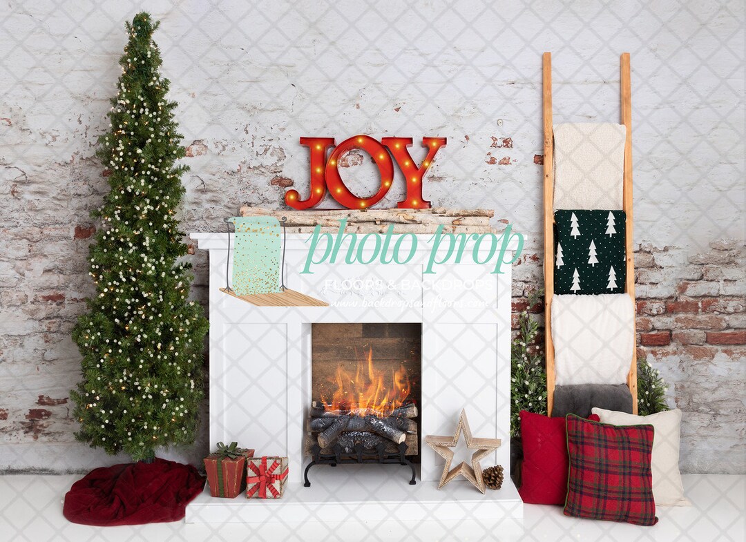 Farmhouse Christmas Photography Backdrop - Trees, Fireplace, Holiday ...