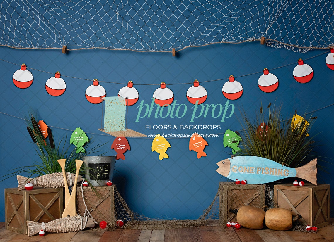 Gone Fishing Photography Backdrop - Buoy, Bait, Tackle, Net, Fisherman ...