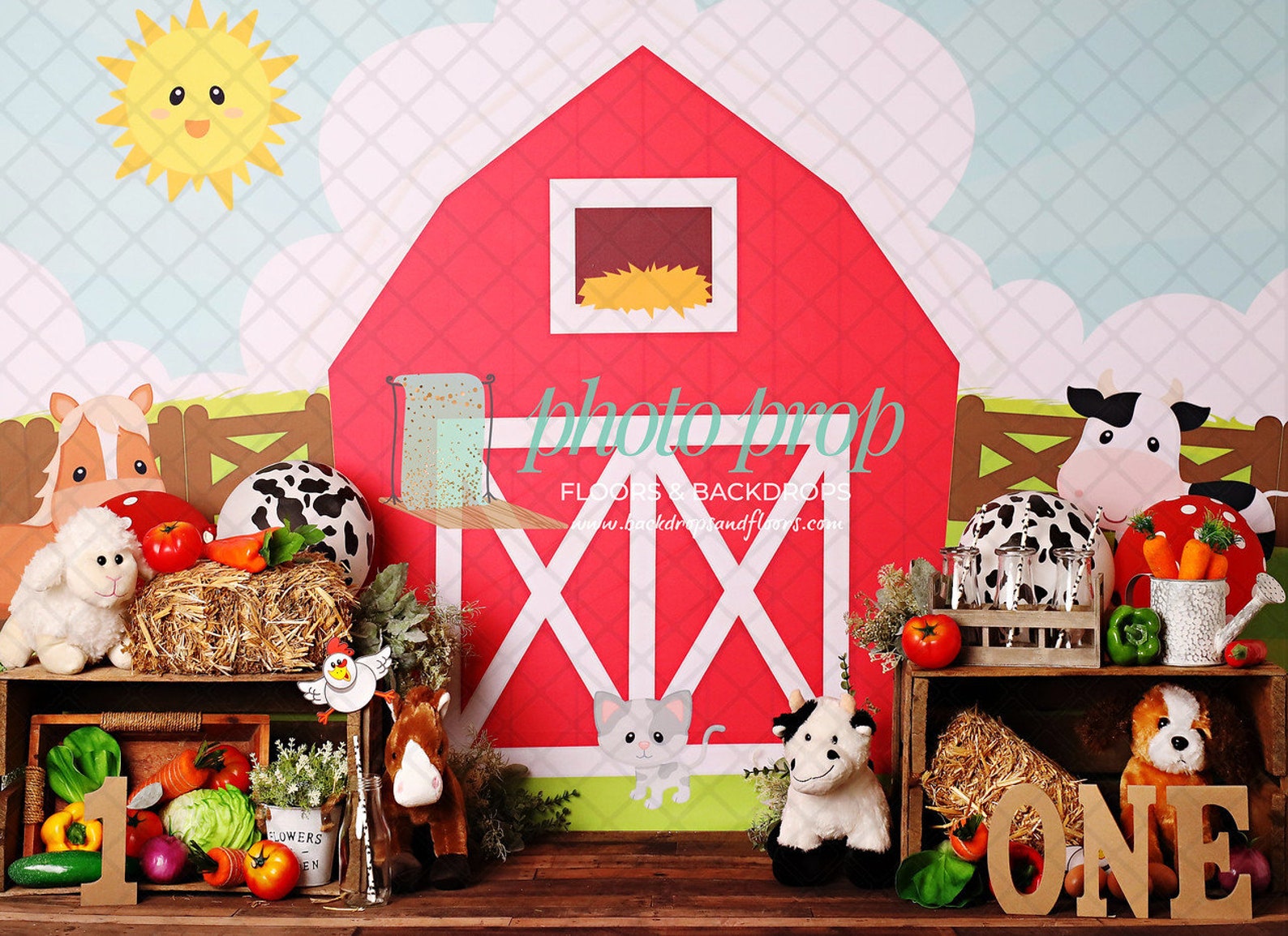 Red Barn & Farm Animals Photography Backdrop - Apple Trees, Hay Bales ...