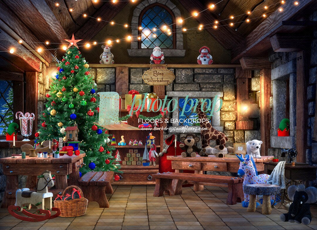 Santa's Workshop Photography Backdrop - Christmas Toy Shop Christmas ...