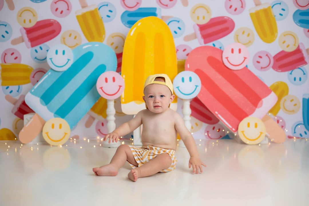 Popsicle Photography Backdrop - Smiley Faces, Yellow, Blue, Pink, Ice ...