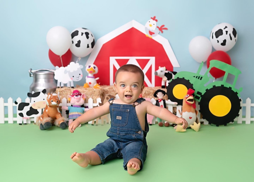 Red Barn & Farm Animals Photography Backdrop - Tractor, Hay Bales, Cow ...