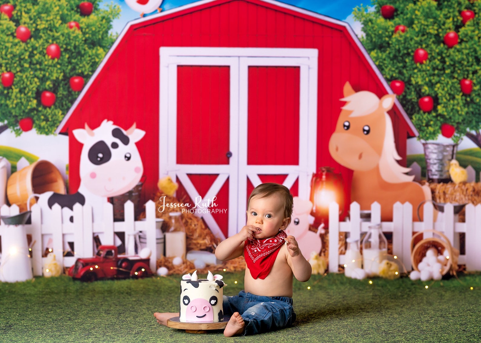 Red Barn & Farm Animals Photography Backdrop - Apple Trees, Hay Bales ...