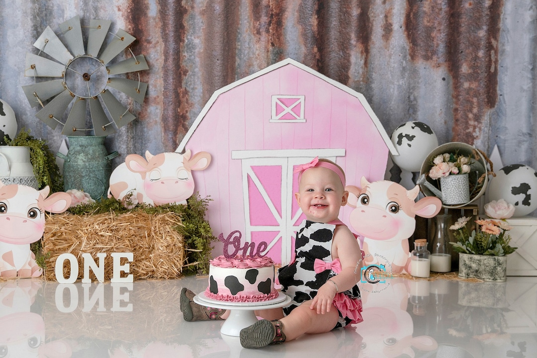 Pink Barn Photography Backdrop - Cow Print, Farm, Animals, Hay Bales ...