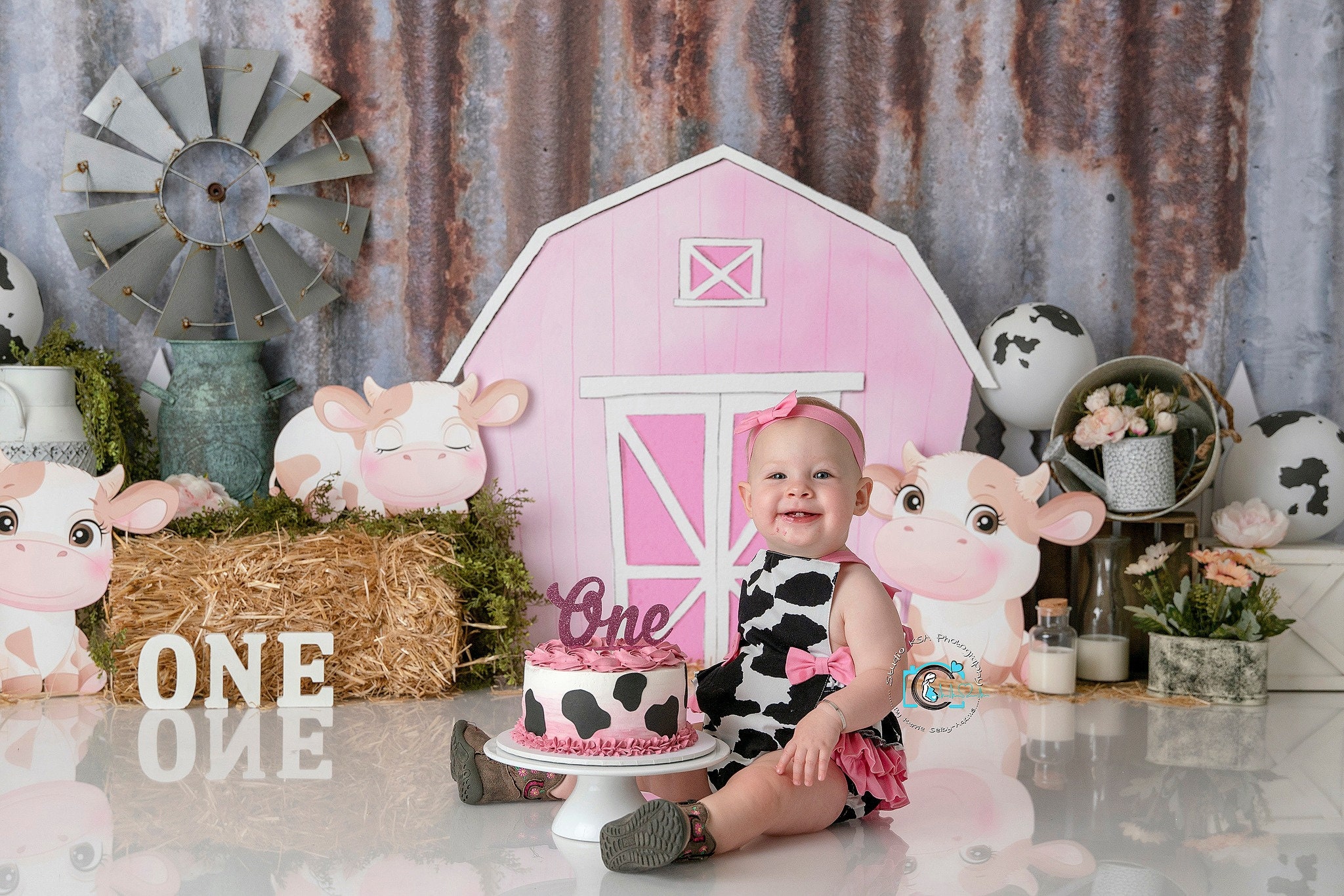 Pink Barn Photography Backdrop - Cow Print, Farm, Animals, Hay Bales ...