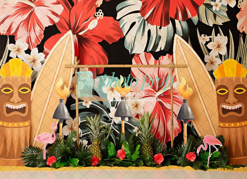 Hawaiian Tiki Torches Photography Backdrop - Aloha Luau Flowers Floral ...