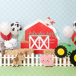 Red Barn & Farm Animals Photography Backdrop - Tractor, Hay Bales, Cow ...