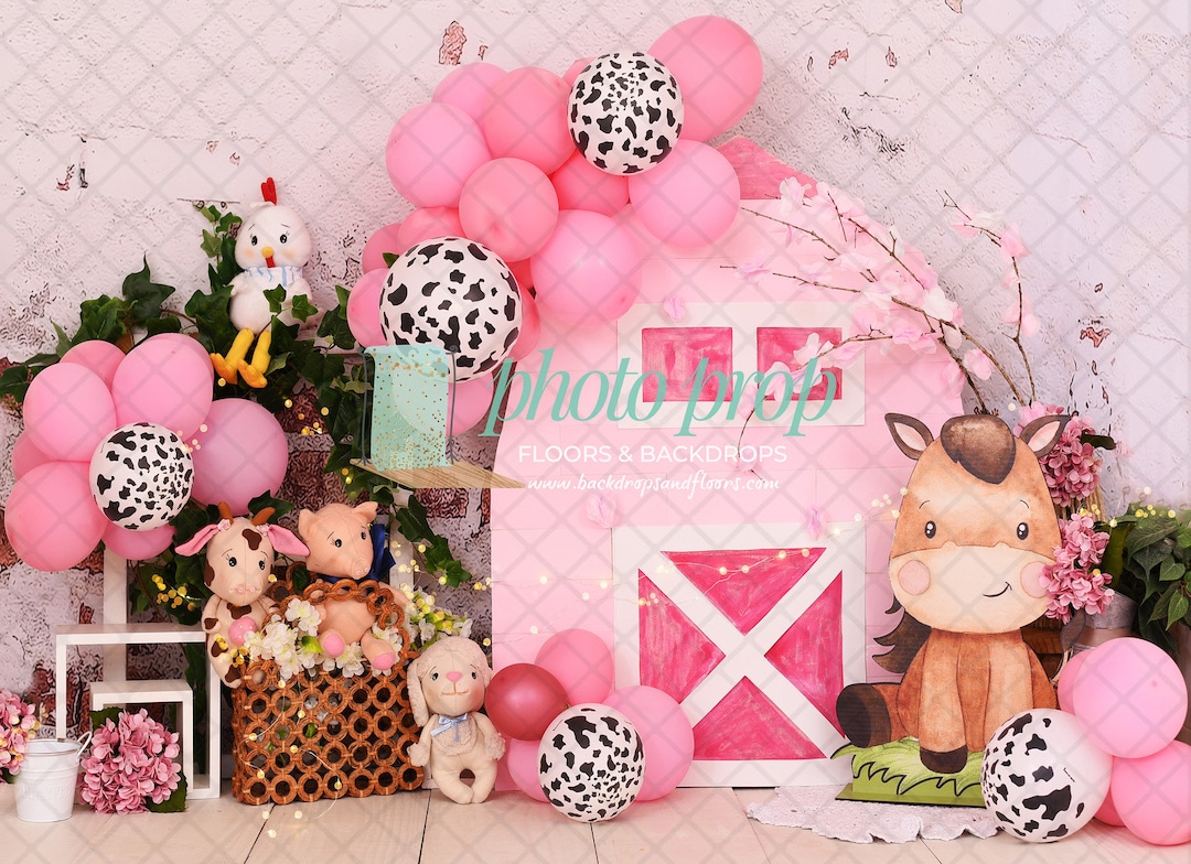 Pink Barn Photography Backdrop - Farm Animals, Balloon Arch, Flowers ...