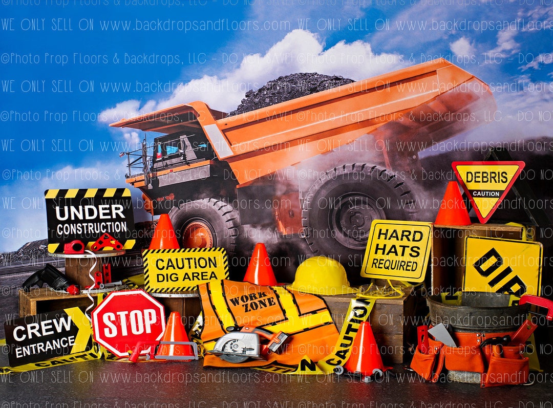 Dump Trucks Construction Zone Photography Backdrop - Yellow, Hard Hat ...