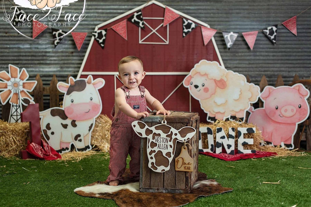 Red Barn & Farm Animals Photography Backdrop - Windmill, Hay Bales, Cow ...