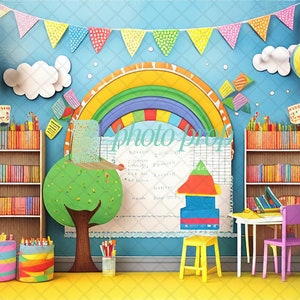 Back to School Photography Backdrop - Book Shelves, Abcs, Crayons ...