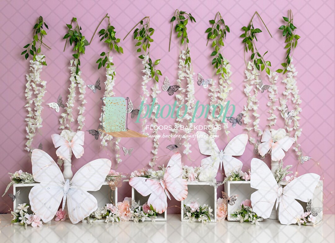 Butterfly Photography Backdrop, Pink Floral Spring Cake Smash ...