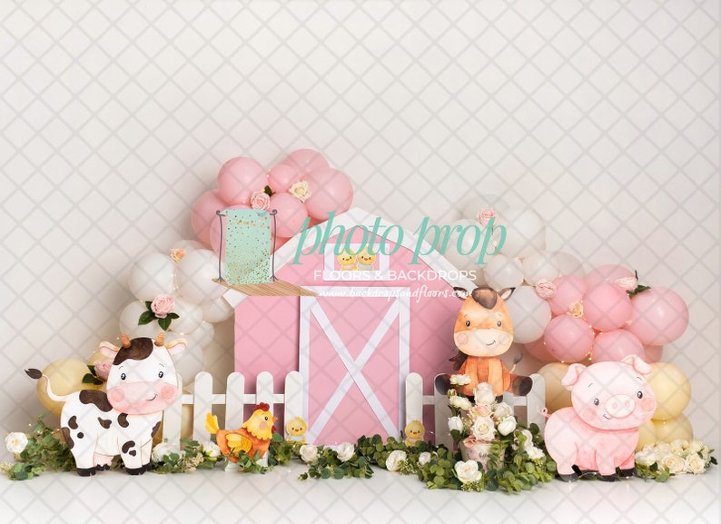 Pink Barn Photography Backdrop - Cows, Farm, Animals, Hay Bales, Milk ...