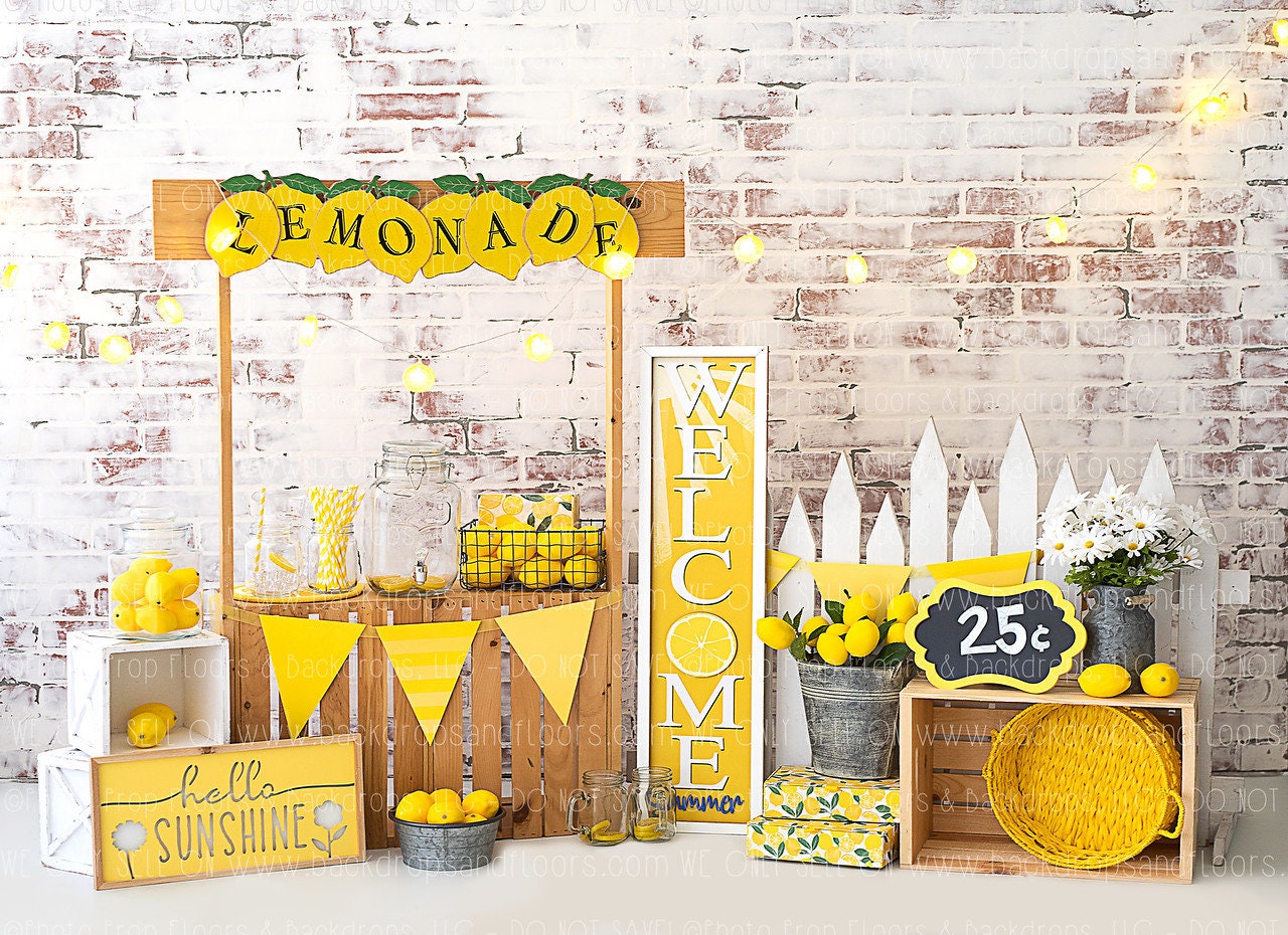 Lemonade Stand Photography Backdrop White Brick Summer Lemon Etsy