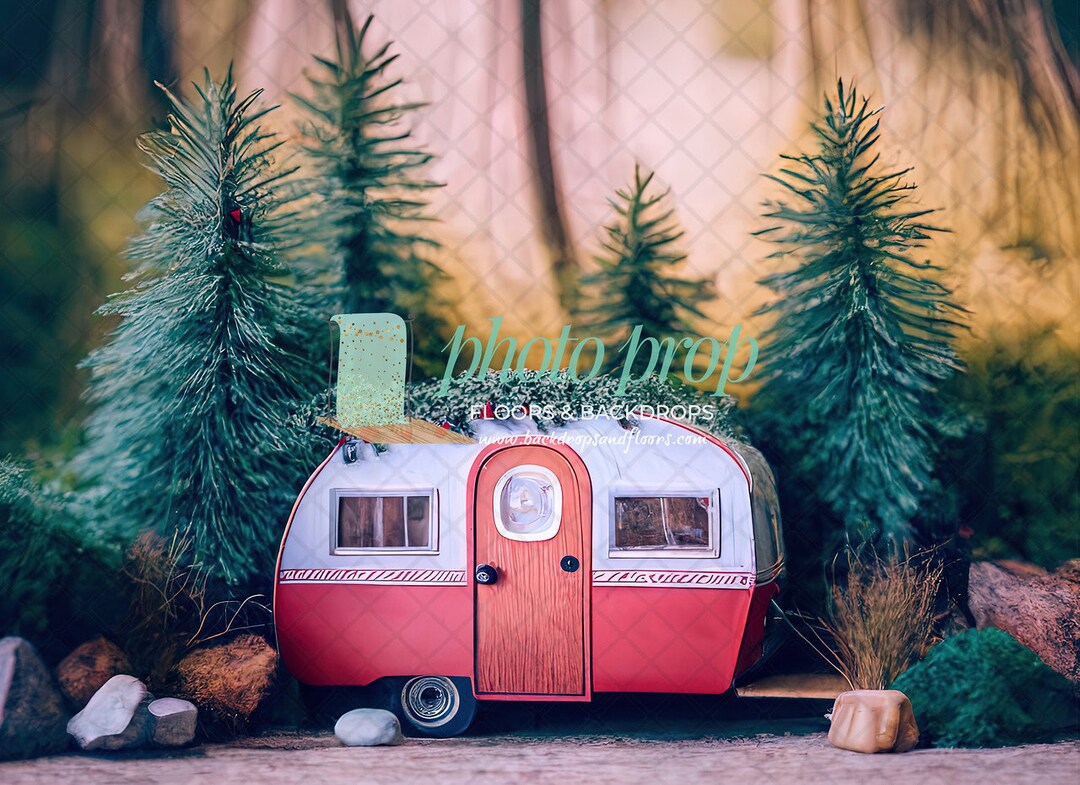 Red Vintage Camper Photography Backdrops Woodland, RV, Camping ...