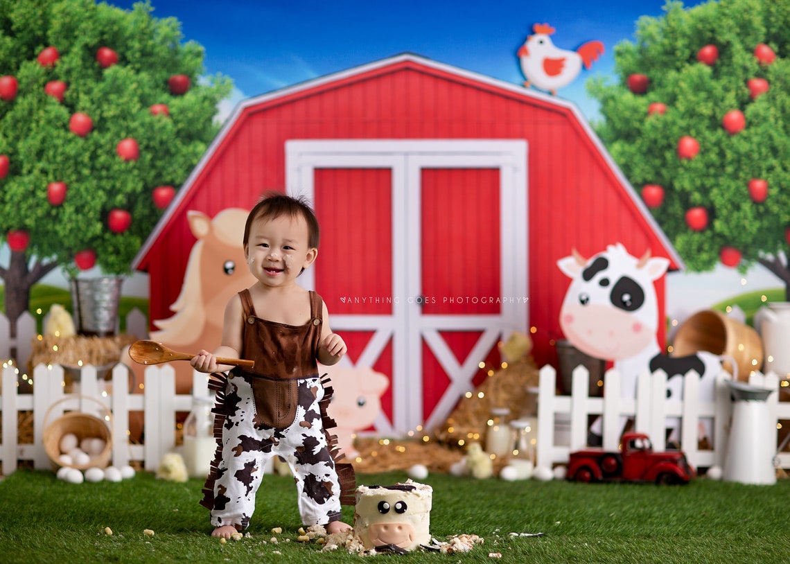 Red Barn & Farm Animals Photography Backdrop Apple Trees - Etsy
