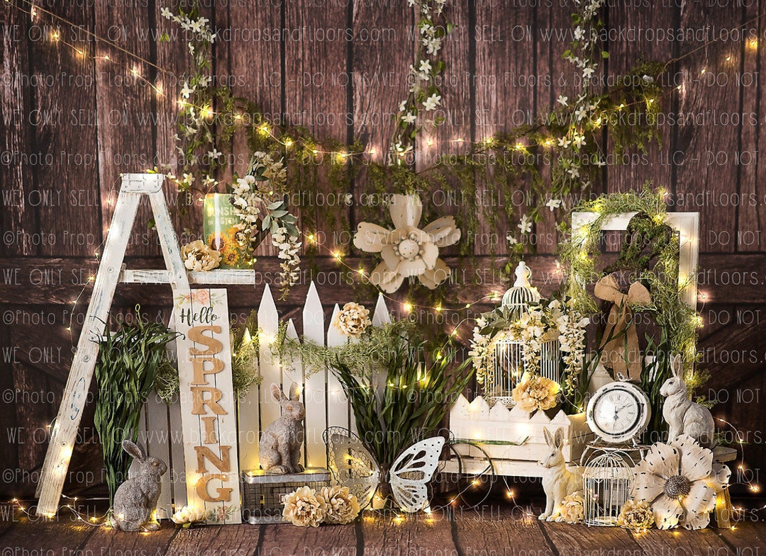 Rustic Spring Photography Backdrop - Lights, Vines, Dark Barn Aged Wood ...