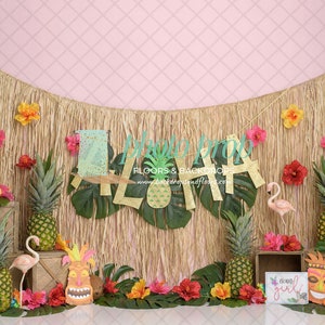 Aloha Flamingo Luau Photography Backdrop - Tiki Heads, Flowers, Floral ...