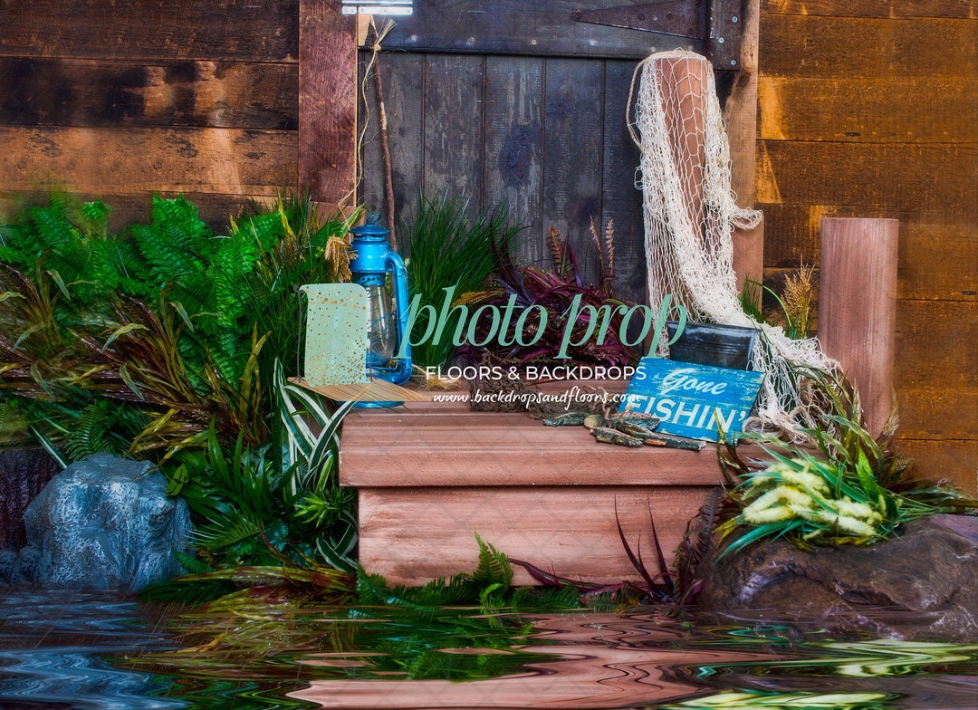 Gone Fishing Photography Backdrop - Dock, Lake, Rustic, Net, Catch ...