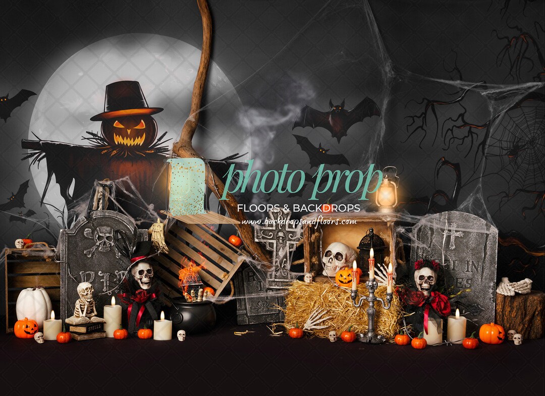 Halloween Cemetery Photography Backdrop - Scarecrow, Graveyard ...