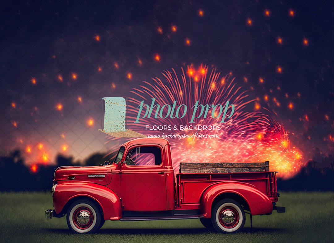 Vintage Red Truck Fireworks Photography Backdrop - Night Sky, Patriotic ...