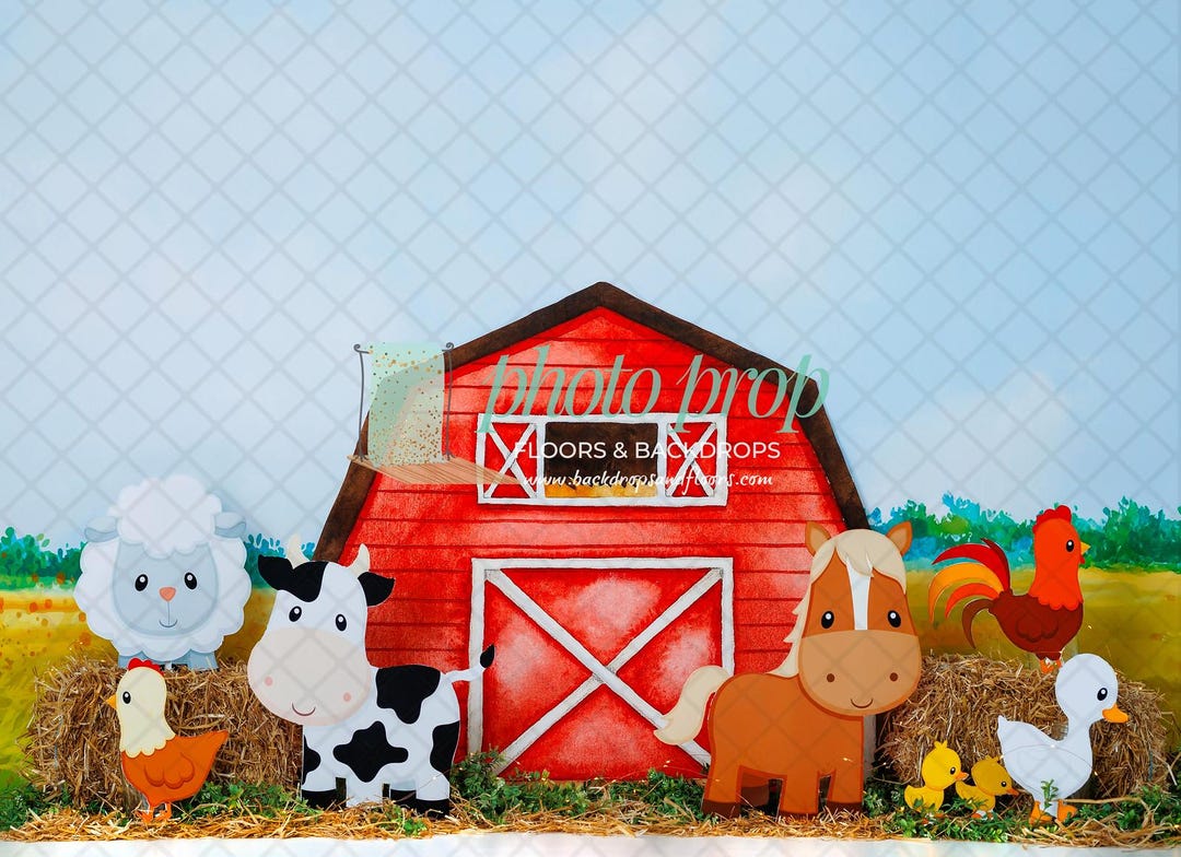 Red Barn & Farm Animals Photography Backdrop - Hay Bales, Cow, Horse ...