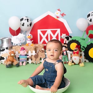 Red Barn & Farm Animals Photography Backdrop - Tractor, Hay Bales, Cow ...