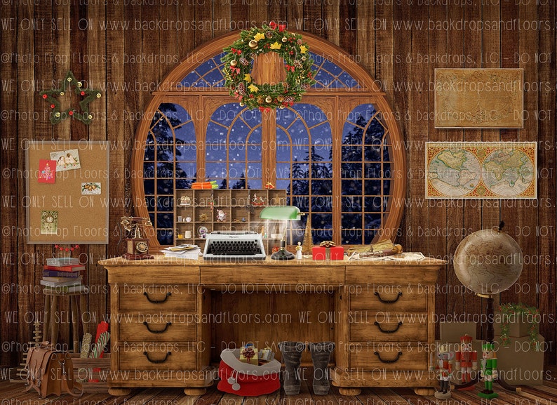 Santa's Christmas Desk Photography Backdrop - Workshop, Christmas Trees ...