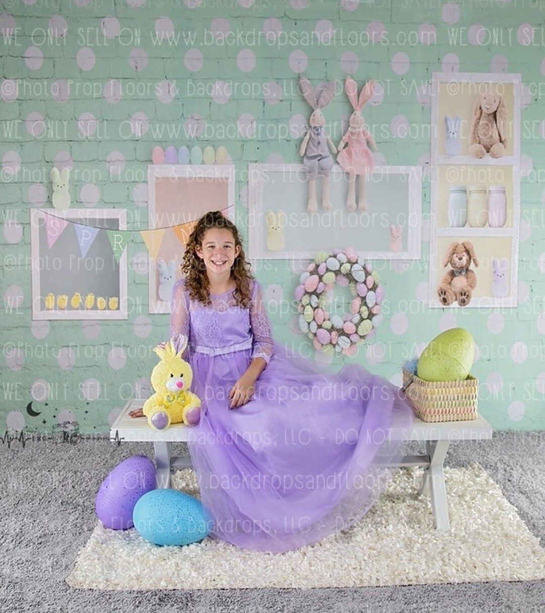 Green & White Easter Polka Dot Photography Backdrop Chic, Bunnies, Bunny, Wreaths, Mason Jars ...