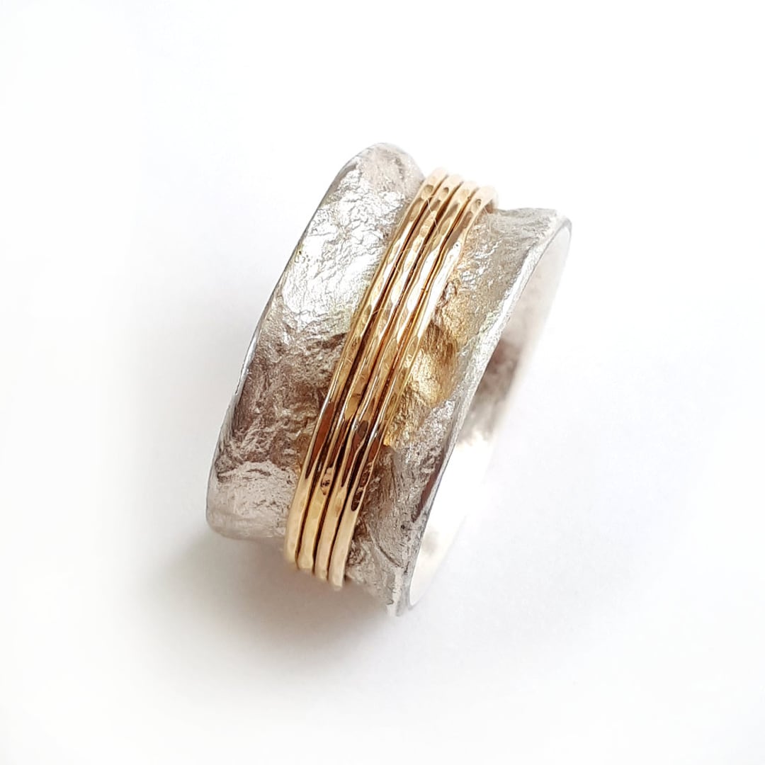 Textured Spinning Wedding Ring, Semi Wide Rotating Ring With Four ...