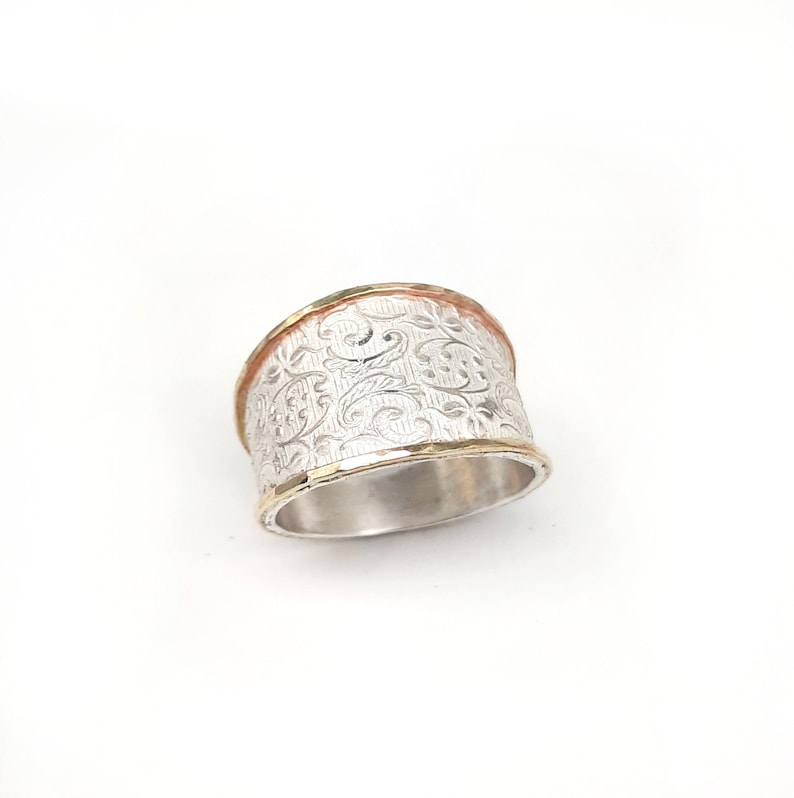 Wide Wedding Ring, A-symmetrical Ring, Flower and Leaf Pattern, Women's ...