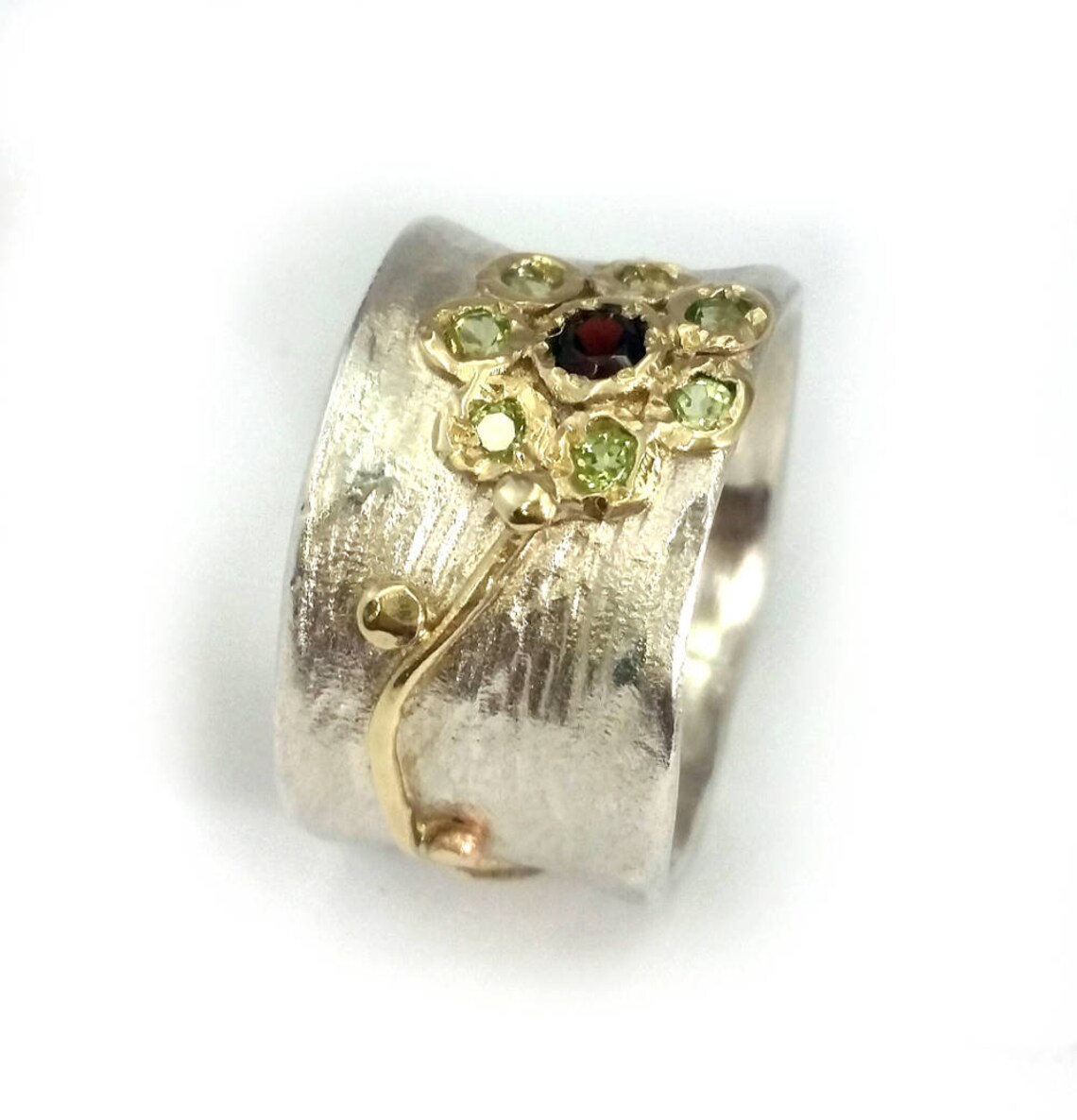 Handcrafted Flower Ring Silver Gold Ring Set With Garnet and - Etsy