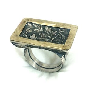 Unique Rectangle Cocktail Ring Oxidized Sterling Silver and Yellow Gold ...
