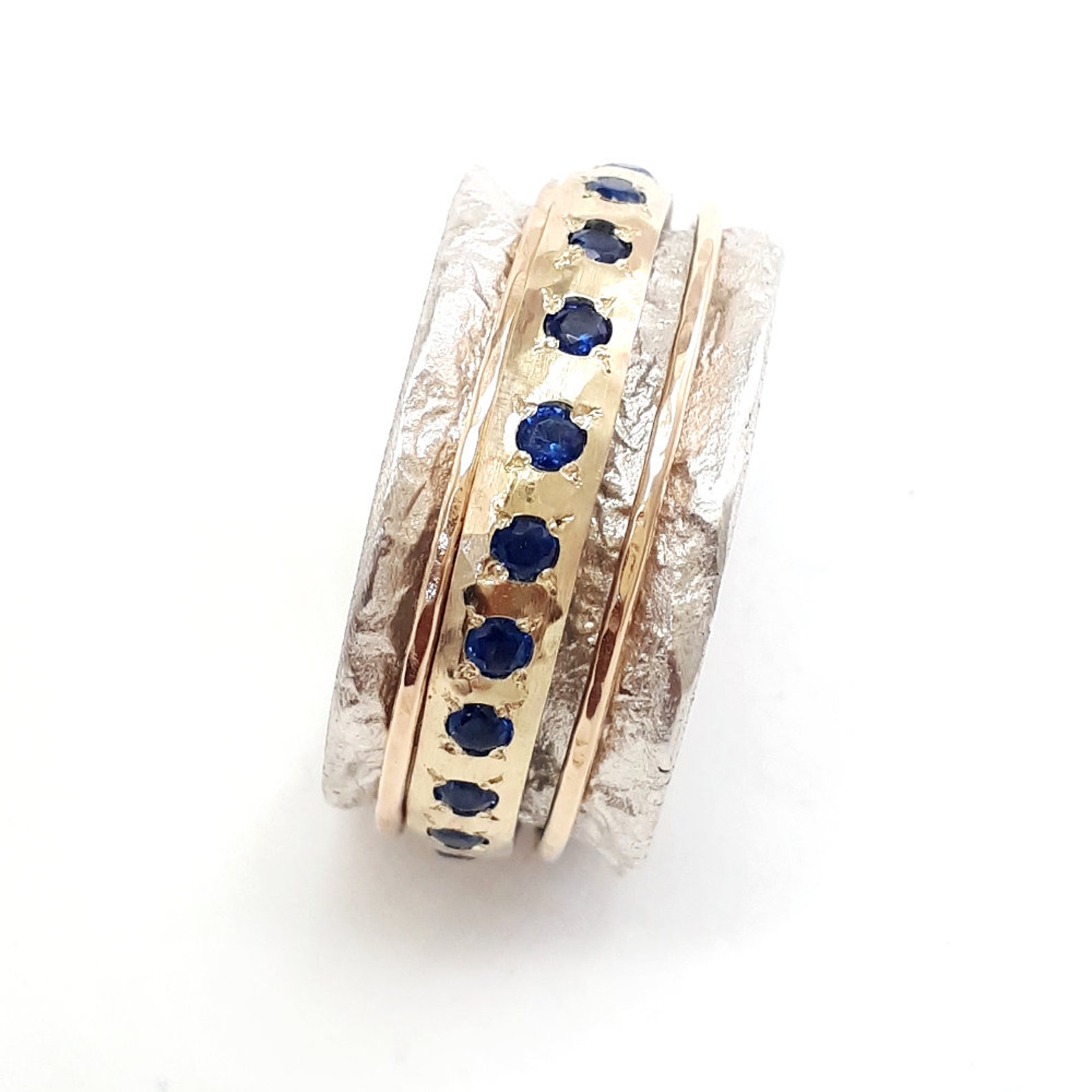 Sapphire Engagement Ring, Semi Wide Spinner Ring, Silver and Gold ...