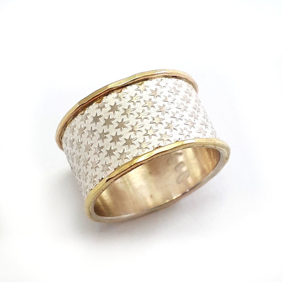 Celestial Ring, Silver and Gold Star Pattern Ring, Fourth of July Ring ...