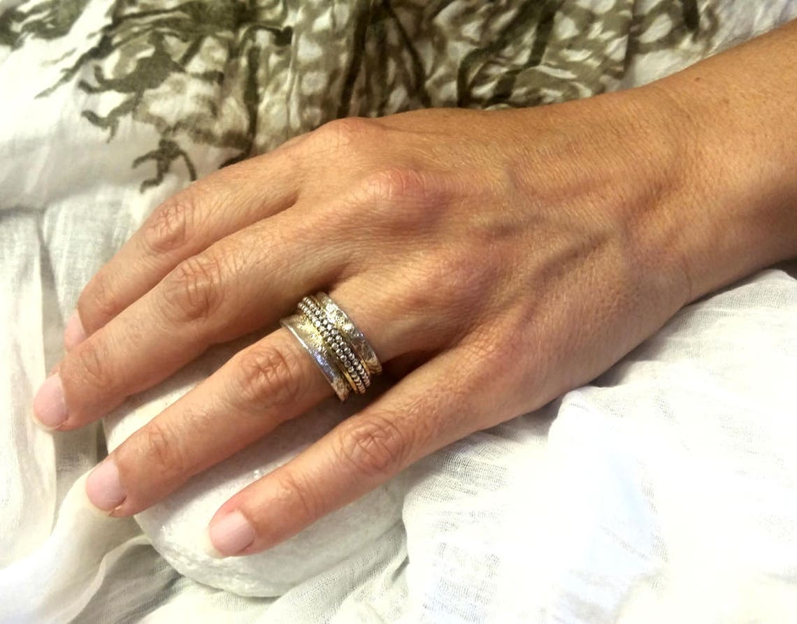 Textured spinning wedding ring wide rotating ring with two | Etsy