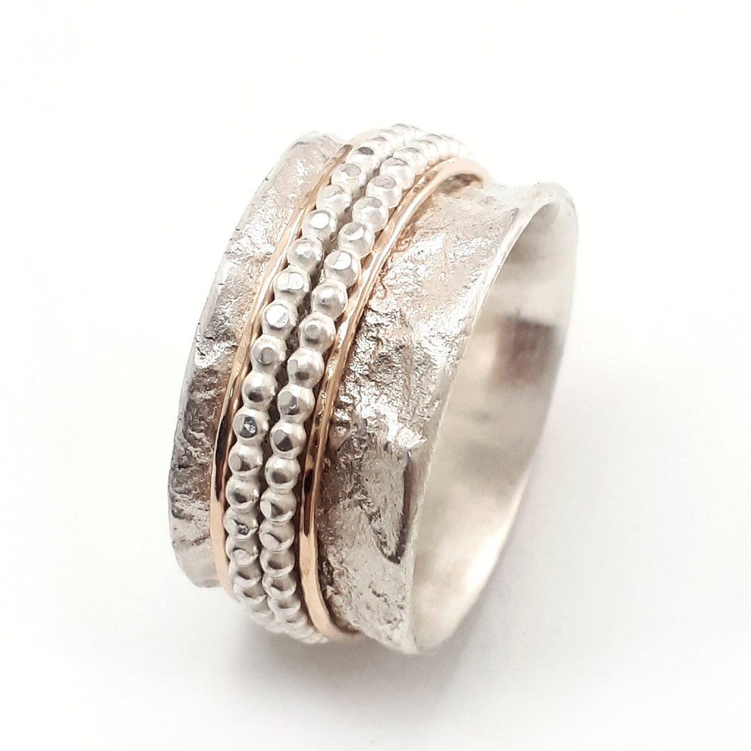 Textured Spinning Wedding Ring, Wide Rotating Ring With Two Yellow Gold ...