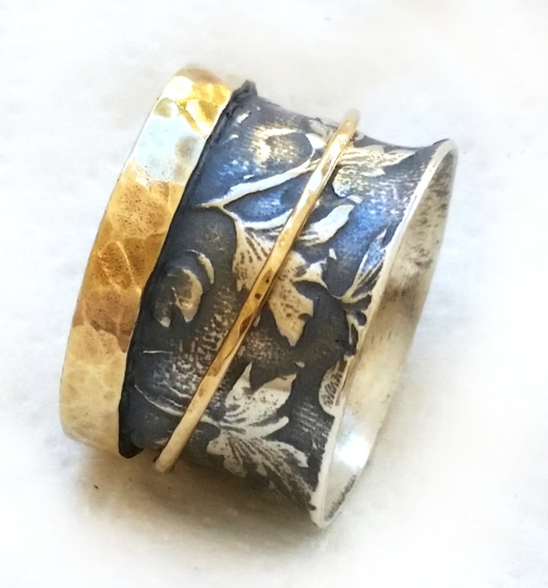 Sterling Silver Leaf Pattern Ring, Spring Wedding, Yellow Gold Spinner ...